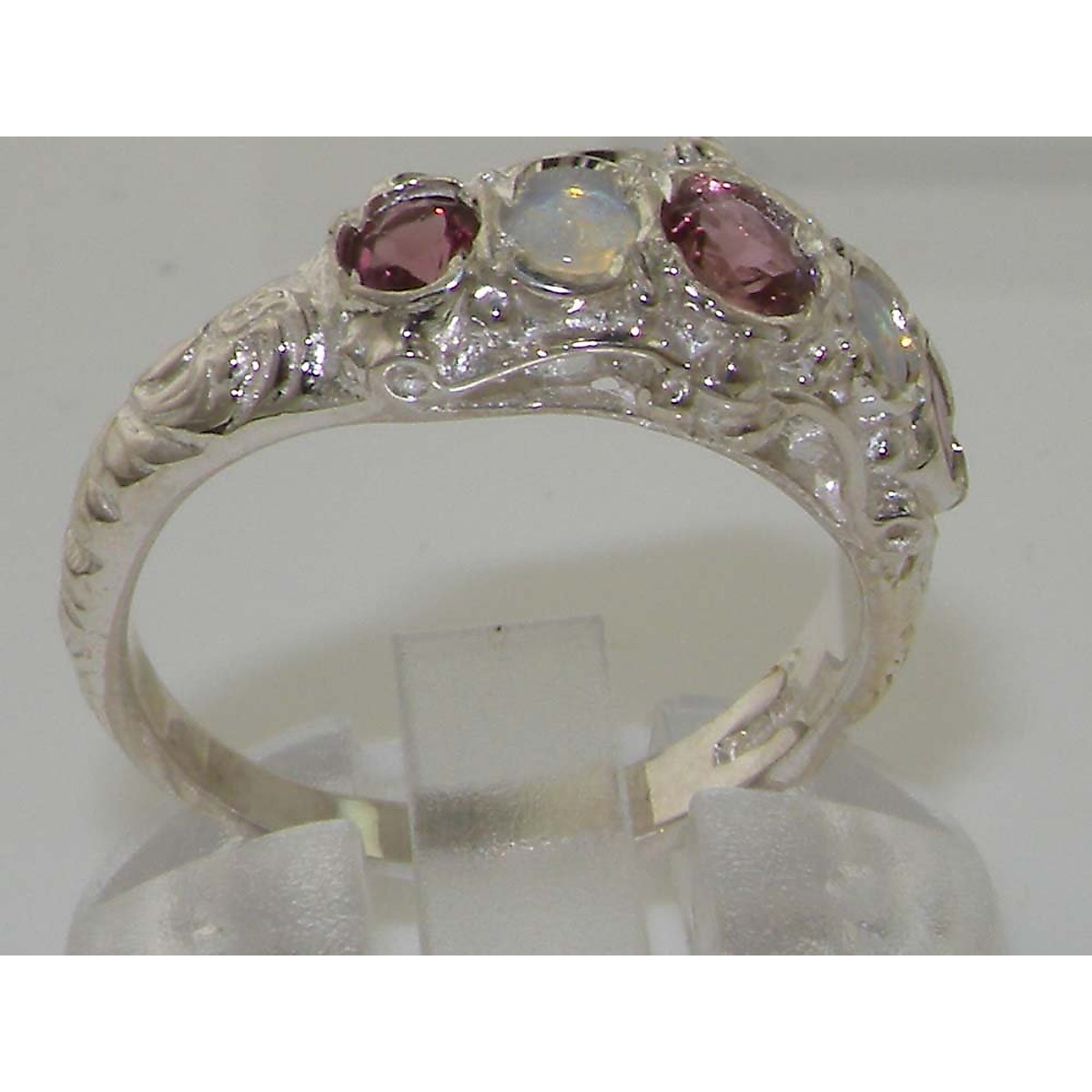LetsBuyGold 925 Sterling Silver Natural Pink Tourmaline and Opal Womens Band Ring - Sizes 4 to 12 Available