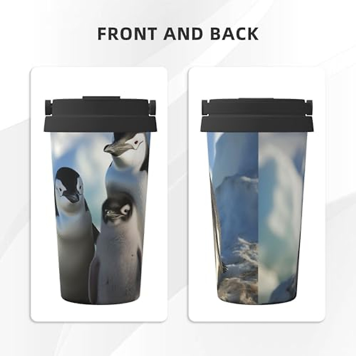 Reusable Coffee Mug with Lid and Handle, Penguin Parents and Chicks Antarctica Large Tumbler for Hot & Cold Drinks 16oz Stainless Steel Insulated Coffee Tumblers Double Wall Vacuum Thermal Cup