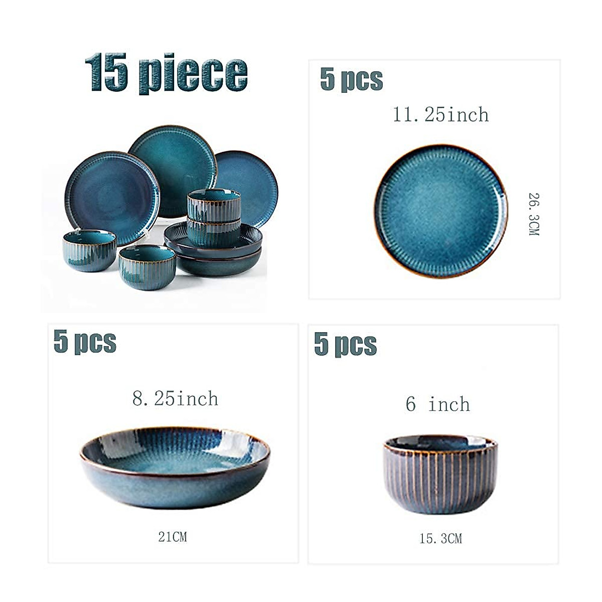 GagalU 15-Piece Stoneware Dinnerware Set, Blue Porcelain Dinnerware Sets, Ceramic Plates and Bowls Dinner Sets, Modern Creativity Reactive Glaze Stoneware Dishes Set