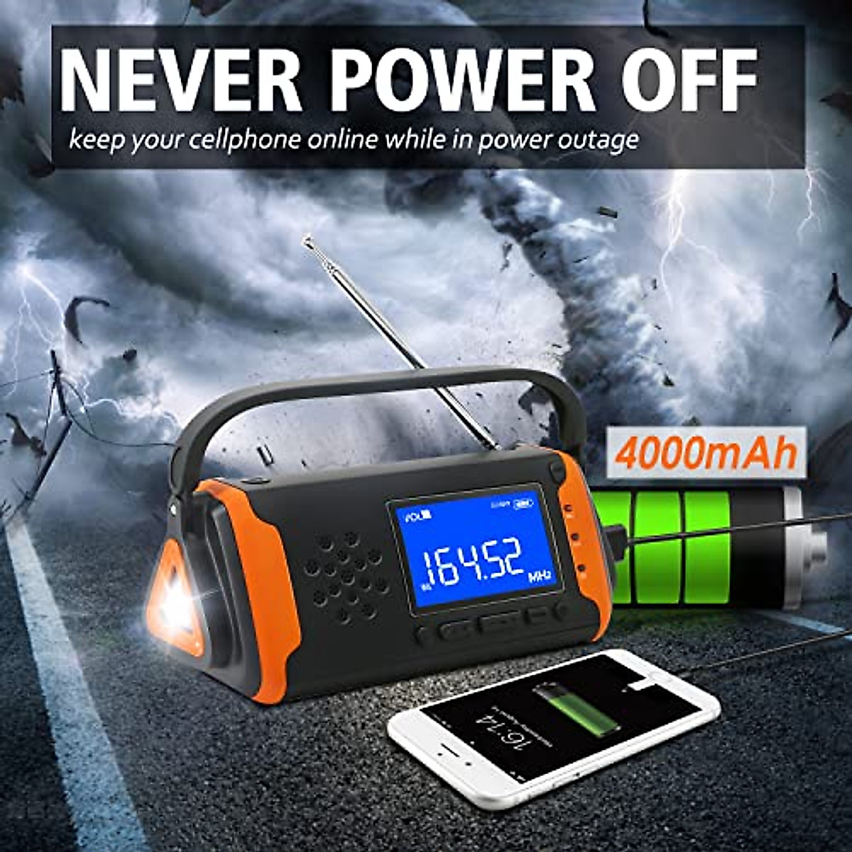 DaringSnail 4000mAh Emergency NOAA Weather Alert Radio, Hand Crank Solar Radio with Battery Operated, LCD Display, AUX Music Play, Flashlight, SOS Alarm, Emergency Phone Charger for Outdoor Emergency