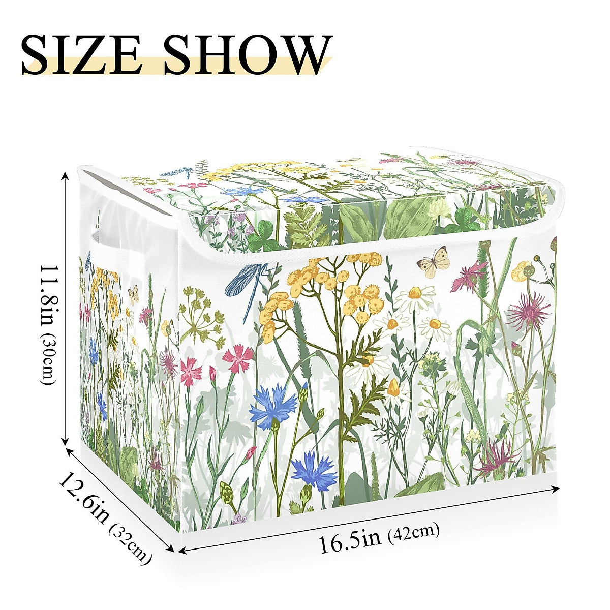 JUMBEAR Herbs Wild Flower Rectangular Storage Bin with Lid and Handle, Collapsible Toys Clothes Storage Basket Organizer for Closet, Office, Nursery, Home Decor