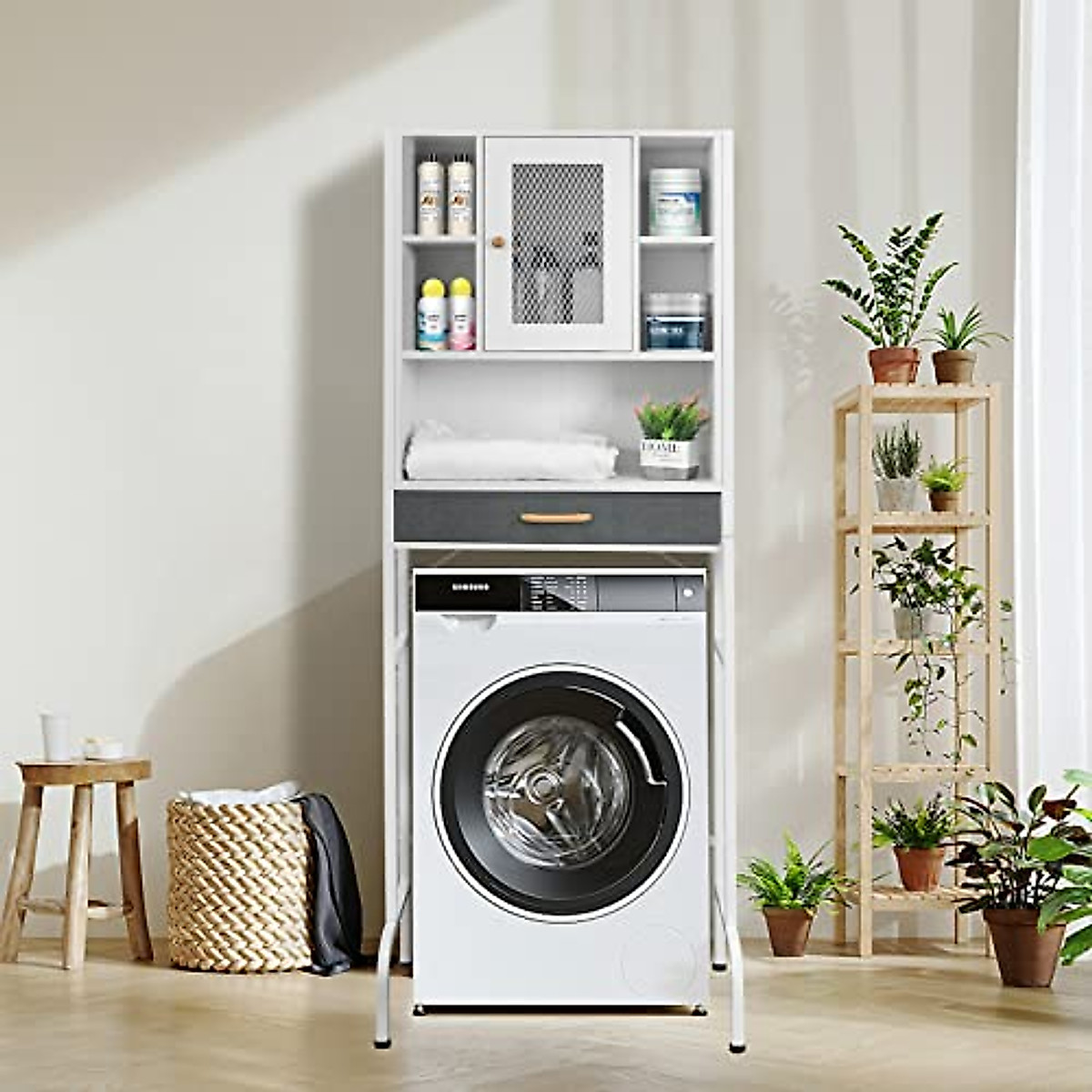 Hongtamoya Over The Toilet Storage Cabinet with Drawer, Bathroom Shelves Over Toilet with Large Storage Space, Over Toilet Bathroom Organizer with Adjustable Shelves and Door, White