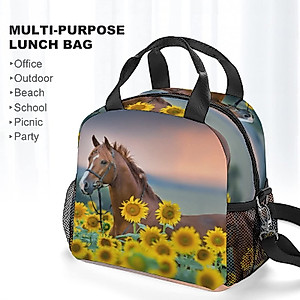Sunflower Red Horse Lunch Bag, Lunch Box Portable Insulated Lunch Tote Bag, Thermal Cooler Bag for Women Work Outdoor