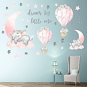 Dream Big Little One Elephant Wall Stickers, Pink Moon Hot Air Balloon Grey Stars Wall Decals for Nursery Kids Room Living Room Bedroom Decorations Home Decor