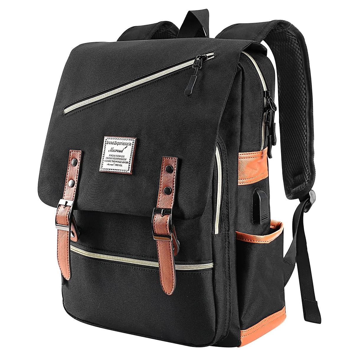 Mecrowd Vintage Laptop Backpack with USB Charging Port, Backpack for College School Student Fits up to 15.6 Inch Laptop Computer Backpack Casual Rucksack for Men Women (Black)