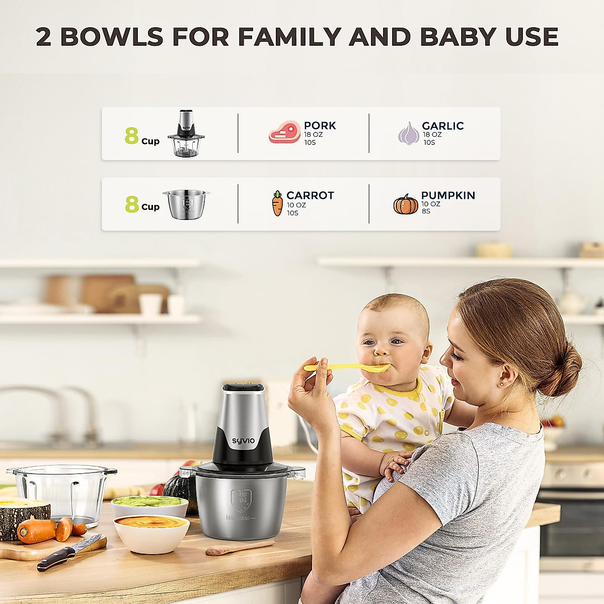 Syvio Food Processors with 2 Bowls, Meat Grinder 4 Bi-Level Blades, Mini Electric Food Chopper 400W, for Baby Food, Meat, Onion, Vegetables, 2 Speed, 8 Cup and 5 Cup