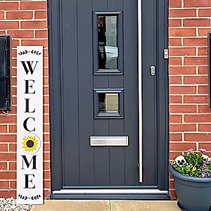 Monjita Welcome Sign for Front Porch Standing, Interchangeable Welcome Standing Sign with 5 Designed Double-Sided Icons for Front Door, All Seasonal Farmhouse Rustic Modern Porch Decor for Fall Harvest Thanksgiving Christmas, 47 x 7.9 Inch Wooden Vertical