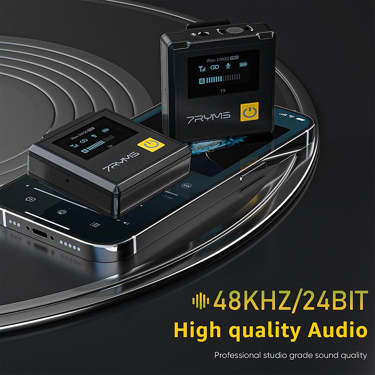 7RYMS iRay DW20 PRO Wireless Lavalier Microphone, Charging Casing, Noise Cancellation, Safety Audio Track, Wireless Lapel Mic for Camera, iPhone, Android, PC, YouTube, Vlogs, Live-Streaming