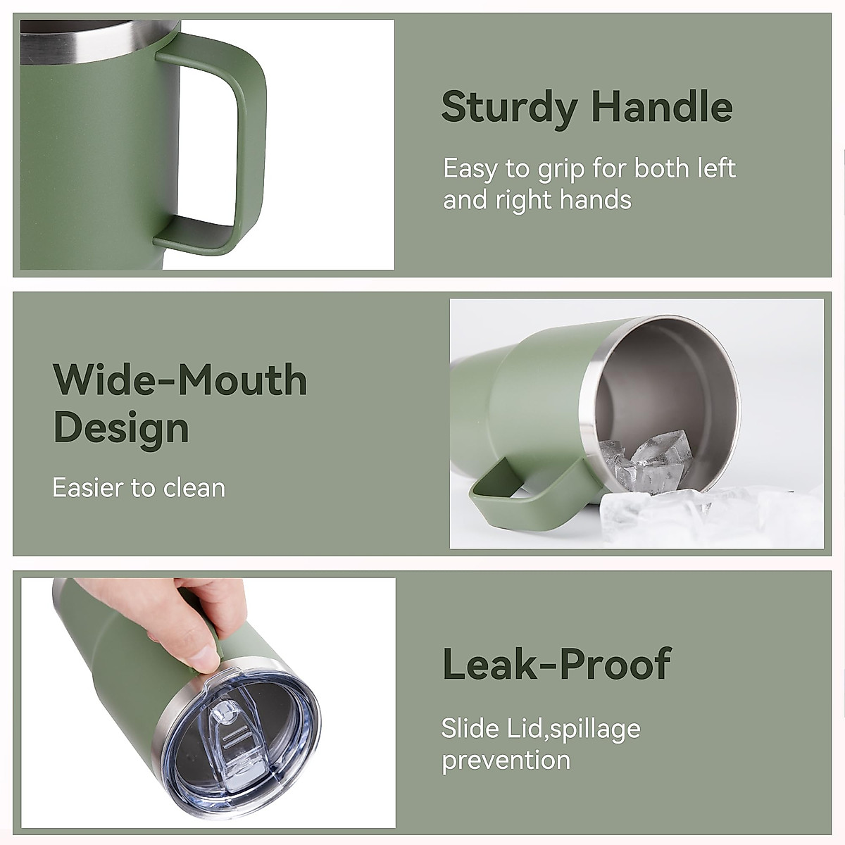 HASLE OUTFITTERS 20oz Tumbler with Lid, Stainless Steel Tumbler with Handle, Metal Insulated Travel Coffee Mug with Handle, Double Wall Vacuum Spill Proof Tumbler Cup, Amy Green 1 Pack