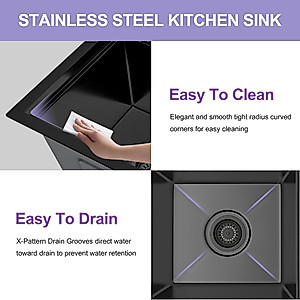 BULUBEE Black Stainless Steel Bar Sink with Glass Rinser, Single Bowl Kitchen Sink, Drop-in or Undermount (23"L x 15"W x 9"D)