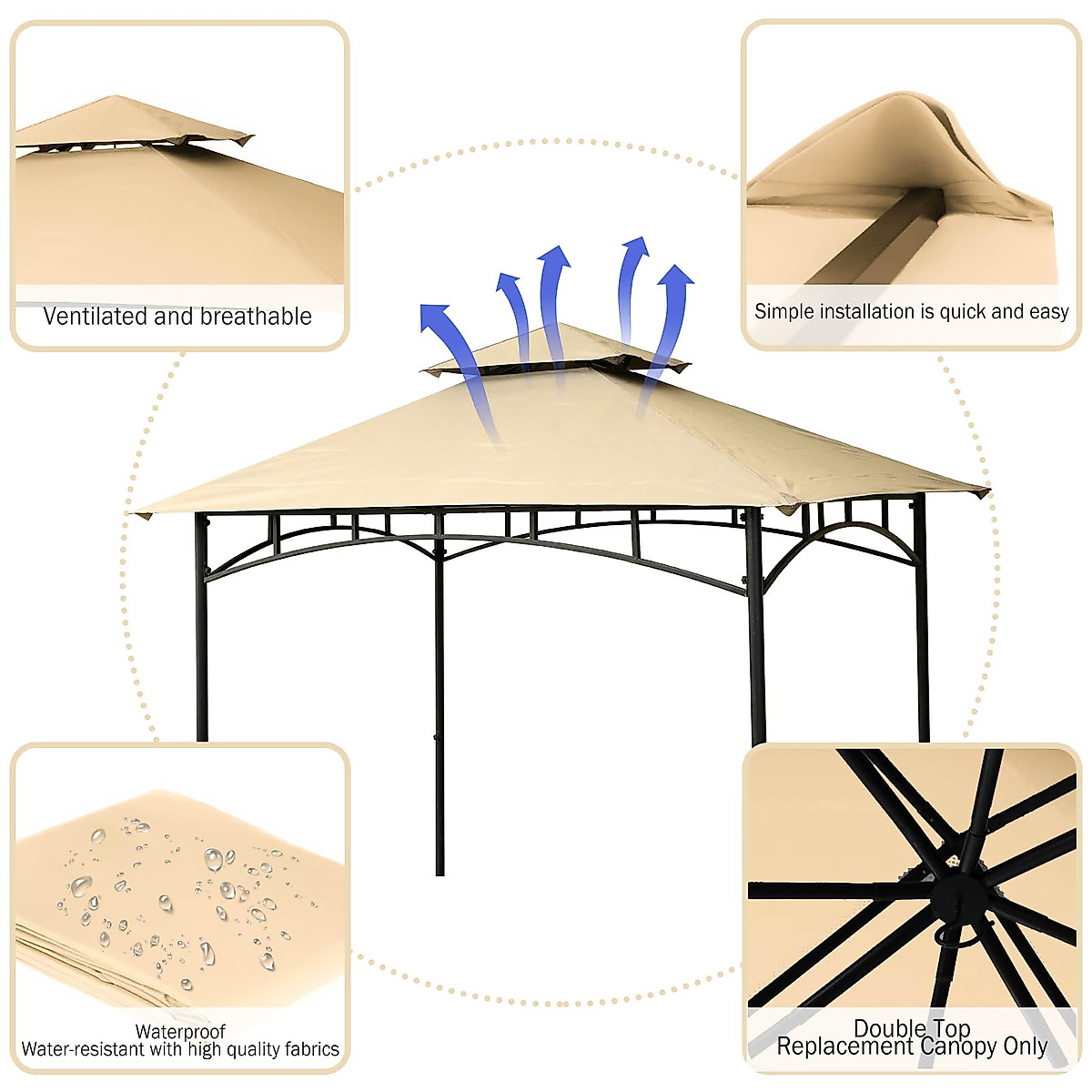HETTRICK Gazebo Replacement Canopy 5x8 Shelter Double Tiered BBQ Cover Grill Shelter for Shop Garden Patio Model L-GG001PST-F (Beige)