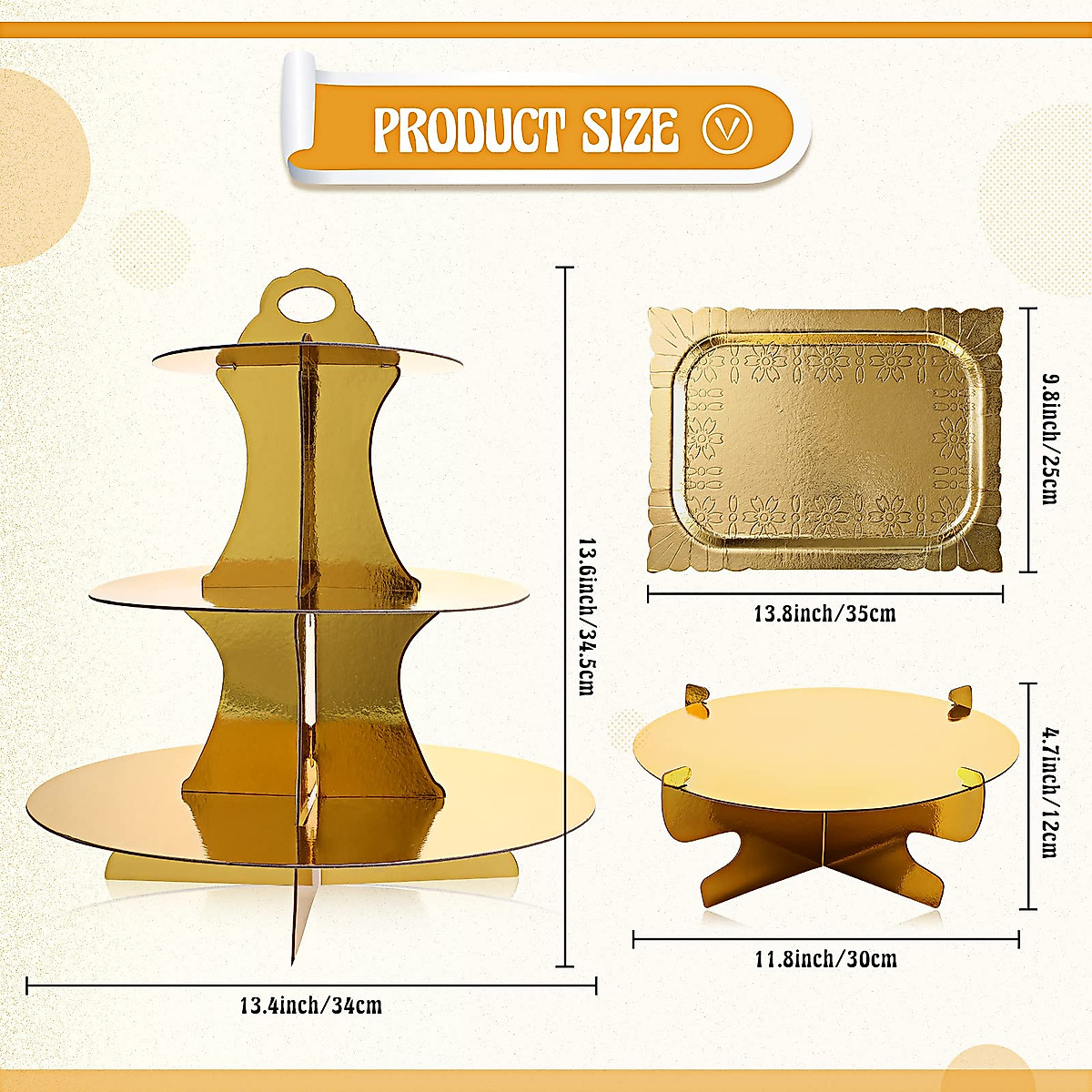 Zopeal 7 Pieces Cake Stand Set 3-Tier Cardboard Cupcake Stand 1-Tier Cake Stand Round Dessert Stand Rectangle Serving Tray Reusable Platters Cupcake Holders for Desserts Birthday Party(Gold)