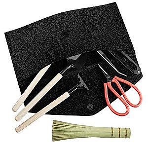 Planters' Choice Premium Bonsai Tool Kit + Bonsai 101 Book -Set Includes:Wooden Rake, Long & Wide Spades, Scissors, Tweezers, Bamboo Brush, & Pruning Shears (Trimmer/Clipper) in Fabric Storage Holder