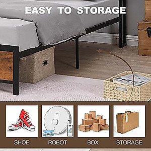 Anwick Metal Queen Bed Frame with Storage Headboard and 2 USB Ports,Industrial Bed Frame Queen Size with LED Lights and Underbed Storage,Noise Free, No Box Spring Needed (Queen)