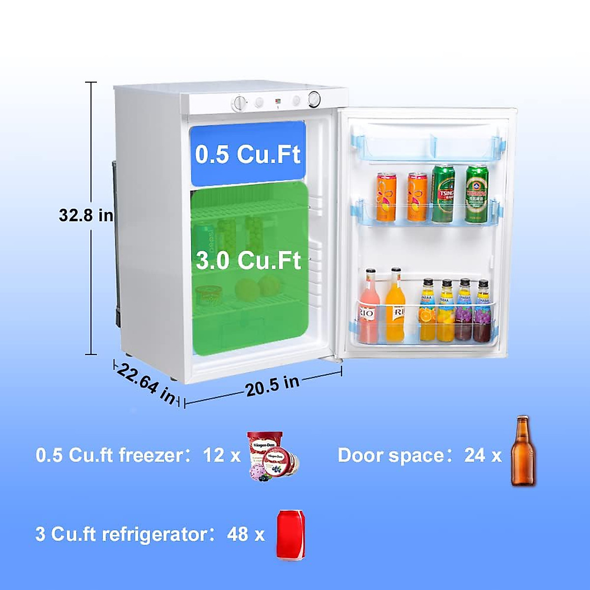 SMETA RV Propane Refrigerator with Freezer, 3.5 Cu.Ft Camping Fridge, 12V/110V/LPG, Compact 3 Way Garage Refrigerators Off Grid for Camper Travel Cabin Truck Patio, White