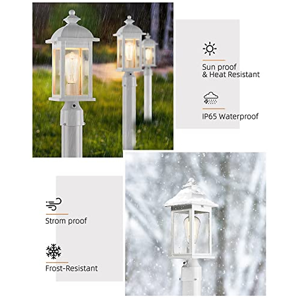 FEMILA Dusk to Dawn Outdoor Post Light, Waterproof Pole Lantern Light Fixture, Exterior Lamp Posts Outdoor Lighting for Garden Patio Yard Pathway Driveway, Seeded Glass Panel, 4FD54P-PC WH