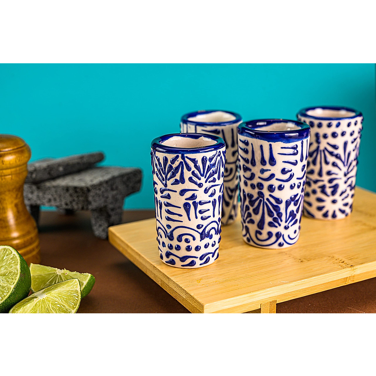 MEXTEQUIL - Talavera Shot Glasses Set of 4 Authentic Mexican Tequila Shot Glasses - Hand-painted - 2 Oz (Blue Lace)