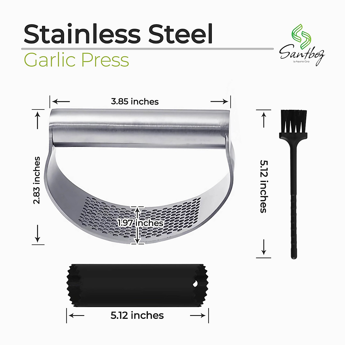 Garlic Press Stainless Steel with Garlic Peeler, Extract More Garlic Paste Per Tooth. Garlic Mincer Tool with Peeler, Equeeze, Estract, Crusher and Press the Garlic Easy and Fast. (Metal, Silver)