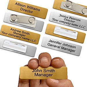 Custom Engraved Name Tag Badges Identification Personalized with Pin or Magnetic Backing, Metal Name ID for Clothing Brushed Gold & Silver Plates with Black Letters for Business or Employees