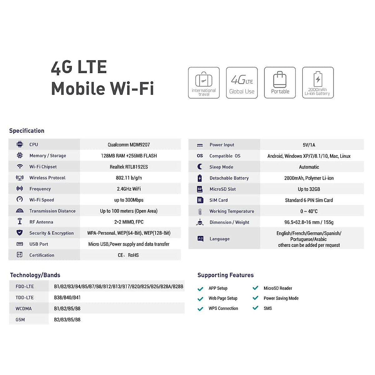 High Eagle 4G LTE WiFi Router Portable Multiple Languages Three Network Universal, Mobile Hotspot Unlocked Wireless Internet with SIM Card Slot for Travel Outdoor