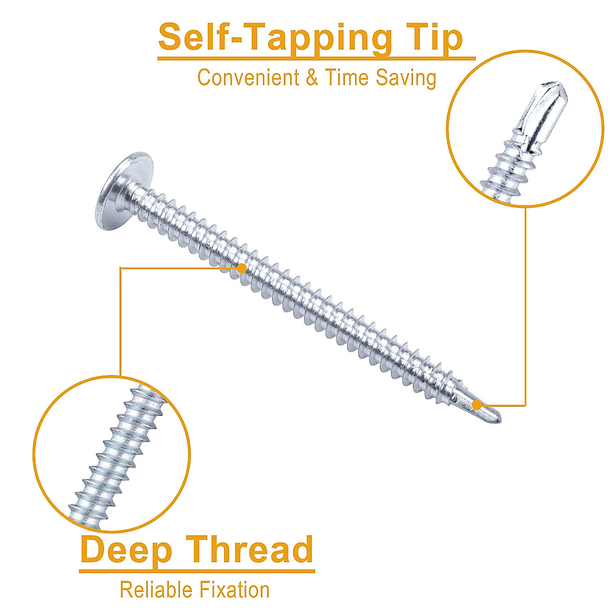 KURUI Self Tapping Screws for Metal Assortment Kit, 350PCs #8 Galvanized Phillips Sheet Metal Screws, Carbon Steel Truss Head Self Drilling Screws for Metal in 5 Sizes (1/2, 3/4, 1-1/4, 1in, 2in)