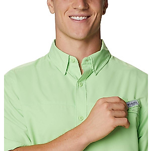 Columbia Men's PFG Grander Marlin Woven Short Sleeve Shirt, Moisture Wicking, Sun Protection, Lime Glow, Medium