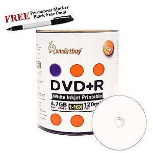Smartbuy 100-disc 4.7GB/120min 16x DVD+R White Inkjet Hub Printable Blank Media Disc + Black Permanent Marker