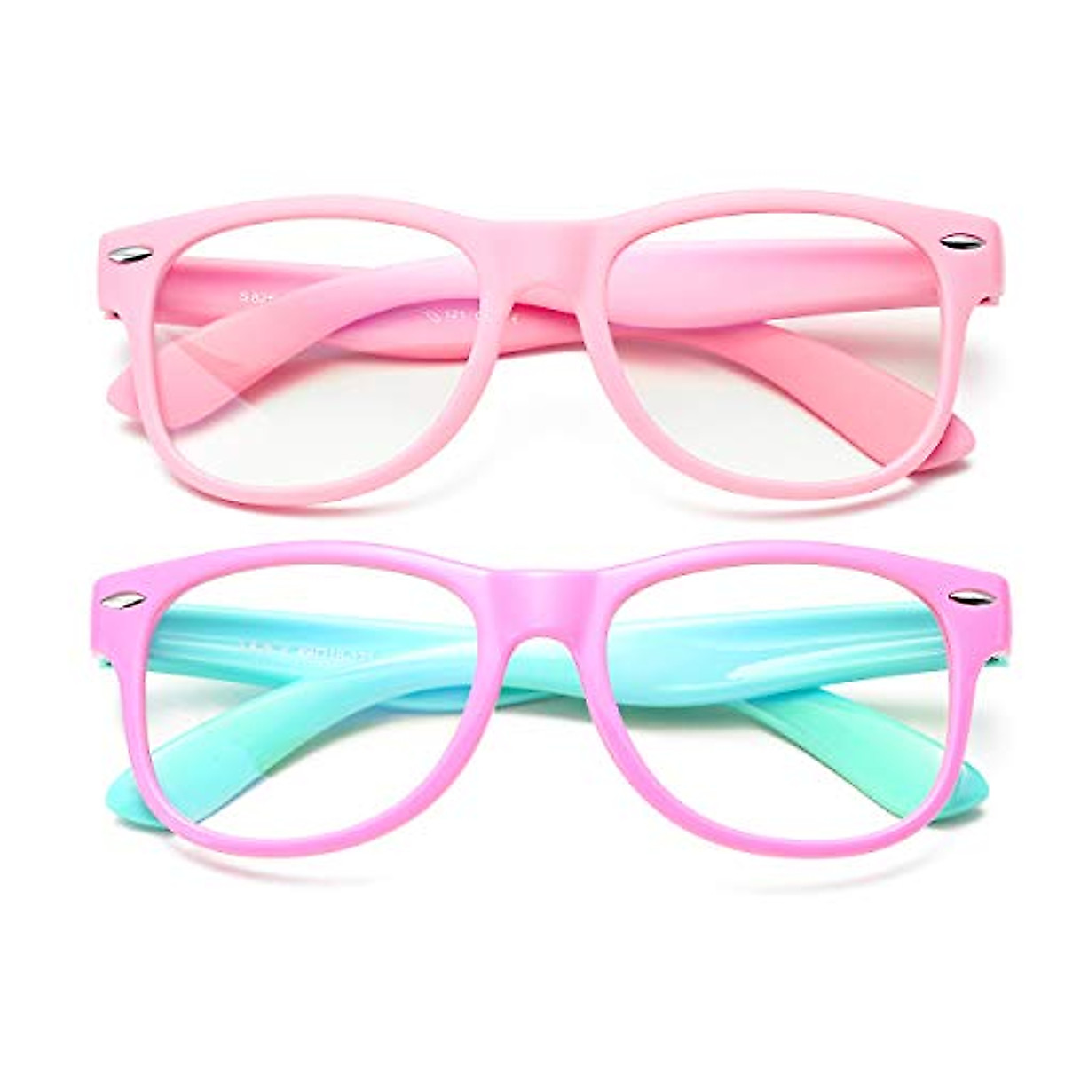 Bouryo Kids Blue Light Blocking Glasses, Fake Eyeglasses for Girls Boys Age 3-12 (Pink+Pink/Green)