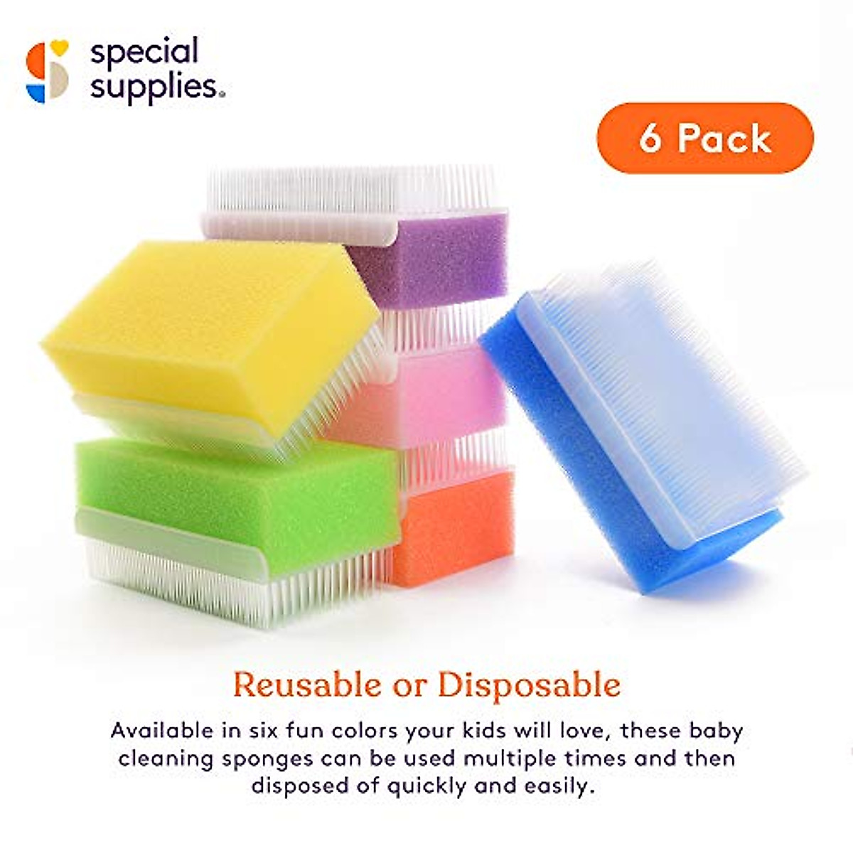Special Supplies (6 Pack) Baby Bath Sponges Soft Foam Sensory Scrubber with Cradle Cap Bristle Brush - Body, Hair, and Scalp Cleaning - Gentle on Infant, Toddler Sensitive Skin - Great Sensory Feel