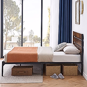 VECELO Platform Full Bed Frame with Rustic Vintage Wood Headboard, Mattress Foundation, Strong Metal Slats Support, No Box Spring Needed