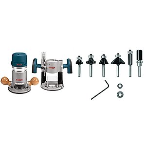 BOSCH 1617EVSPK Wood 12 Amp Router Tool Combo Kit - 2.25 Horsepower Plunge Router & Fixed Base with a Variable Speed&BOSCH 6 pc. Carbide-Tipped Trim and Edging Router Bit Set