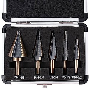 Zhushan 5pcs Step Drill Bit Set,High Speed Step Drill Bit, HSS Cobalt Multiple Hole 50 Sizes Titanium Step Drill Bit with Aluminum Case