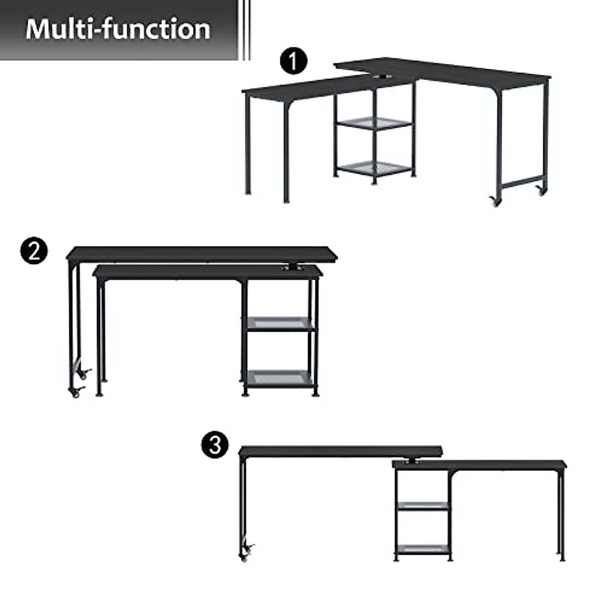 soges Reversible L Shaped Desk, 360° Free Rotating Corner Computer Desk, 55 inch L Desk with Storage Shelves for Home Office, Modern Study Writing Table Workstation, Black