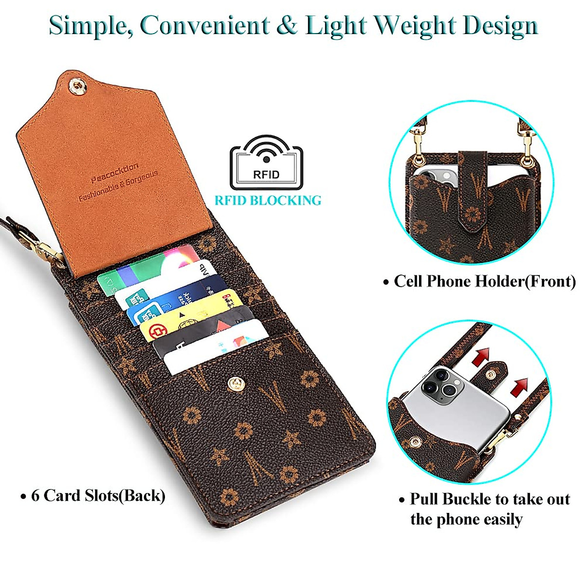 Peacocktion Small Crossbody Cell Phone Purse for Women, Lightweight Mini Shoulder Bag Wallet with Credit Card Slots (Brown Flora)