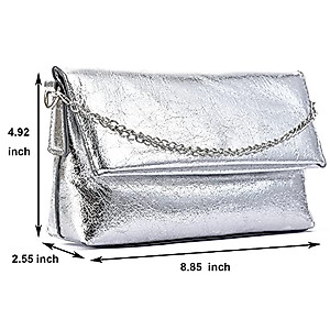 WOO Foldover Evening Clutch Bag Soft Metallic PU Shoulder Crossbody Tote Bag for Different Parties Mini Pouch, Silver