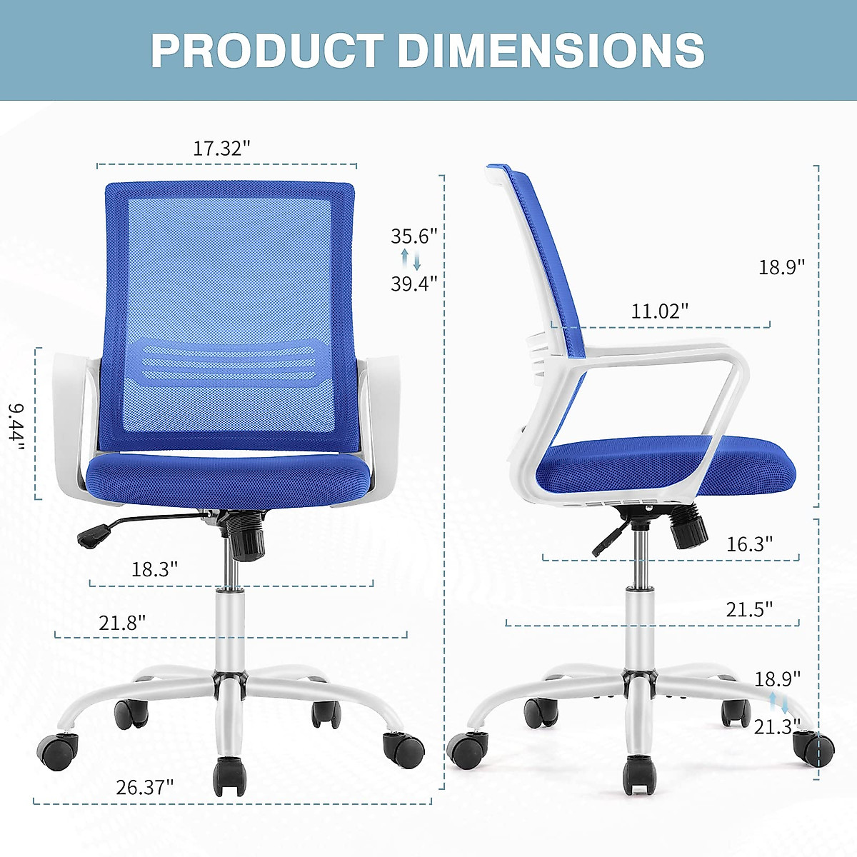 AFO Home Office Desk Chair with Ergonomic Lumbar Supportive Armrest, Mid Back, Tilting Function, Breathable Mesh and High Resilience Sponge Swivel Rolling, Adjustable Height, Navy Blue