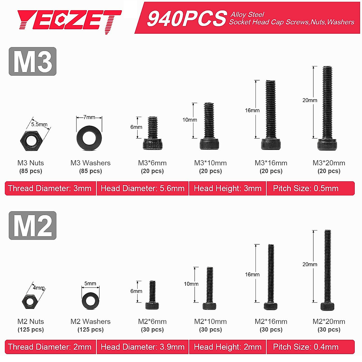 YEEZET M2 M3 M4 M5 12.9 Grade Alloy Steel Hex Socket Head Cap Screws Bolts Nuts Flat Washers Set Assortment Kit with Storage Box, Allen Socket Drive (940 PCS)