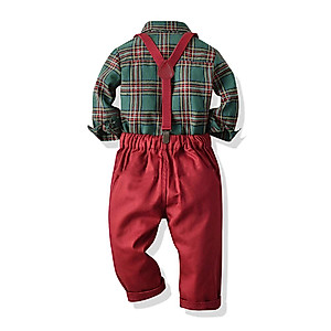 Moyikiss Studio Toddler Dress Suit Baby Boys Gentleman Clothes Sets Bow Ties Shirts + Suspenders Pants Outfits (Green, 90/18-24M)