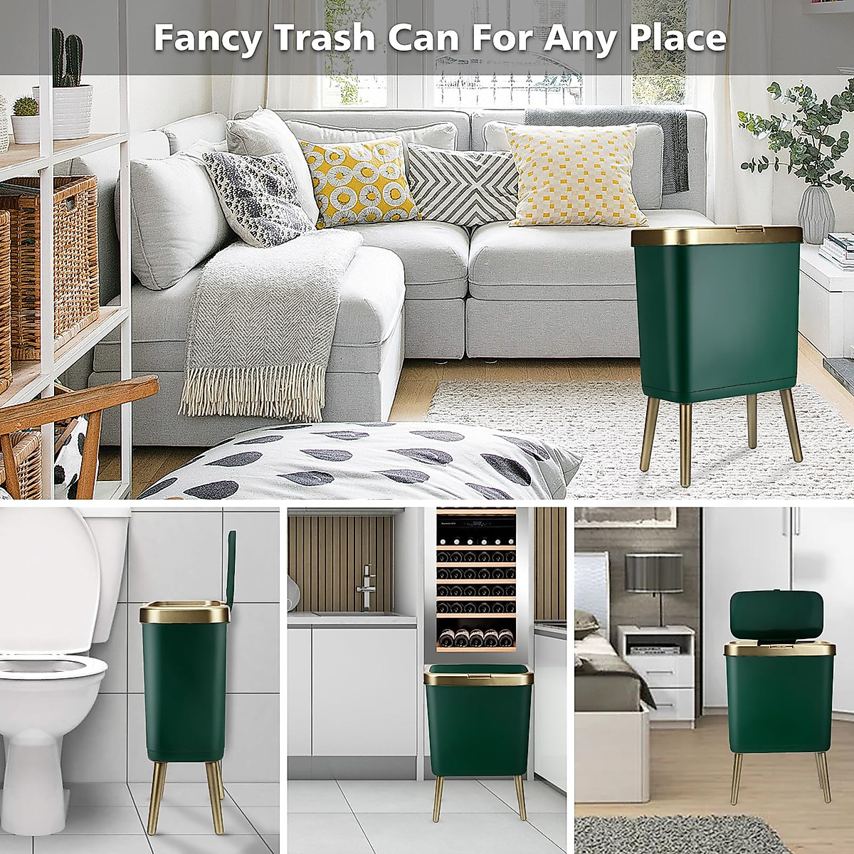 Yatgowell Office Trash Can with Lid,Small Kitchen Trash Can, 4 Gallon Kitchen Trash Can with Gold Edge,Modern Green Trash Can Waste Basket for Bedroom,Living Room, Toilet