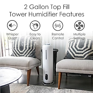 Crane Ultrasonic Cool Mist Tower Humidifier, 2 Gallon,White,EE-6917