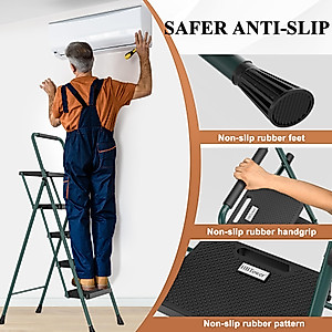 HBTower 4 Step Ladder with Handrails, Folding Step Stool Portable Steel Ladder for Adults for Home Kitchen Library Office, Green