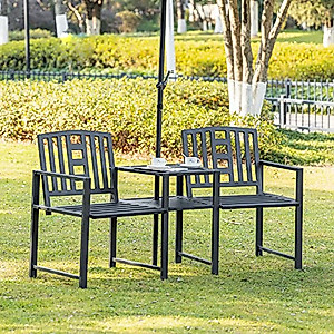 Outsunny Tete-a-Tete Outdoor Bench with Center Table & Umbrella Hole, Garden Bench for 2-Person, Metal Frame Patio Loveseat with Armrest, Slatted Backrest and Seat, Black