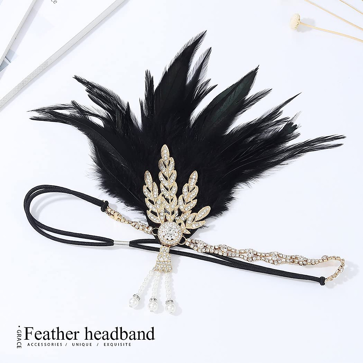 Aukmla 1920s Flapper Feather Headband Leaf Rhinestones Headpiece Pearl Headdress Hair Accessories for Women and Girls