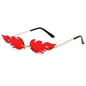 LASPOR Fire Flame Sunglasses for Women Men Retro Wave Rimless Glasses Vintage Fire Shape Gold Metal Frameless Eyewear (Red No.2)