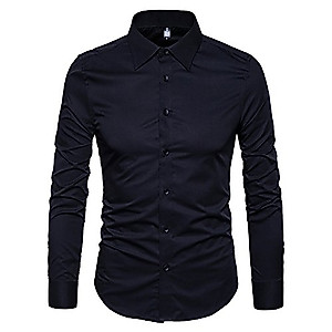 Manwan walk Men's Slim Fit Business Casual Cotton Long Sleeves Solid Button Down Dress Shirts (Large, Black)