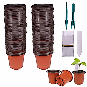 Huvai 100 Pcs 4" Plastic Seedlings Plants Nursery Pots with 100 Pcs Waterproof Plastic Plant Tags and 2Pcs/Set Transplanting Digging Mini Tools