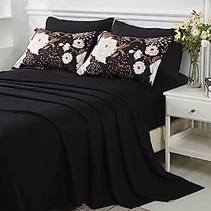 Yogeneg 7 Piece Bed in a Bag King Size Comforter Set Botanical Floral Bedding Set,White Flower Leaves Printed on Black Reversible Design,Soft Microfiber Comforter with Sheet Set,All Season(Black,King)