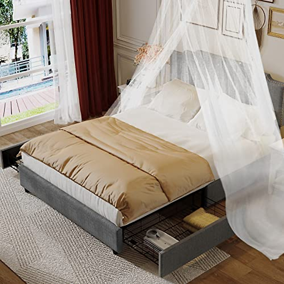 Origeture Queen Bed Frame with 2 Storage Drawers and Adjustable Headboard, Upholstered Linen Padded Platform Bed, Strong Wooden Slats Support, No Box Spring Needed, Easy Assembly, Noise-Free (Grey)