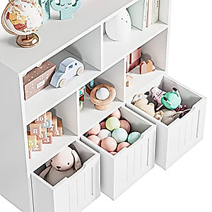 FOTOSOK Toy Storage Organizer with 3 Movable Drawers, Floor Storage Cabinet Toy Chest with Hidden Wheels and 5 Storage Cubbies, Multifunctional Storage Chest for Nursery, Playroom and Bedroom, White