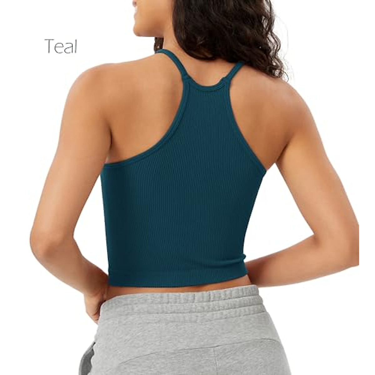 ODODOS Women's Crop Camisole 3-Pack Seamless Rib-Knit Crop Tank Tops, Long Crop, Beige Coral Teal, X-Small/Small